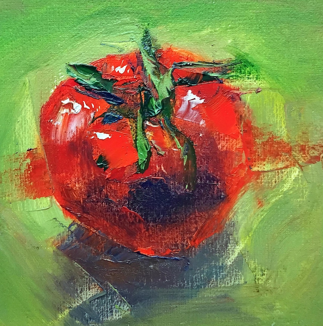 Tomato Painting, Ripe Red Tomato Fruit on Green Background, Handmade ...