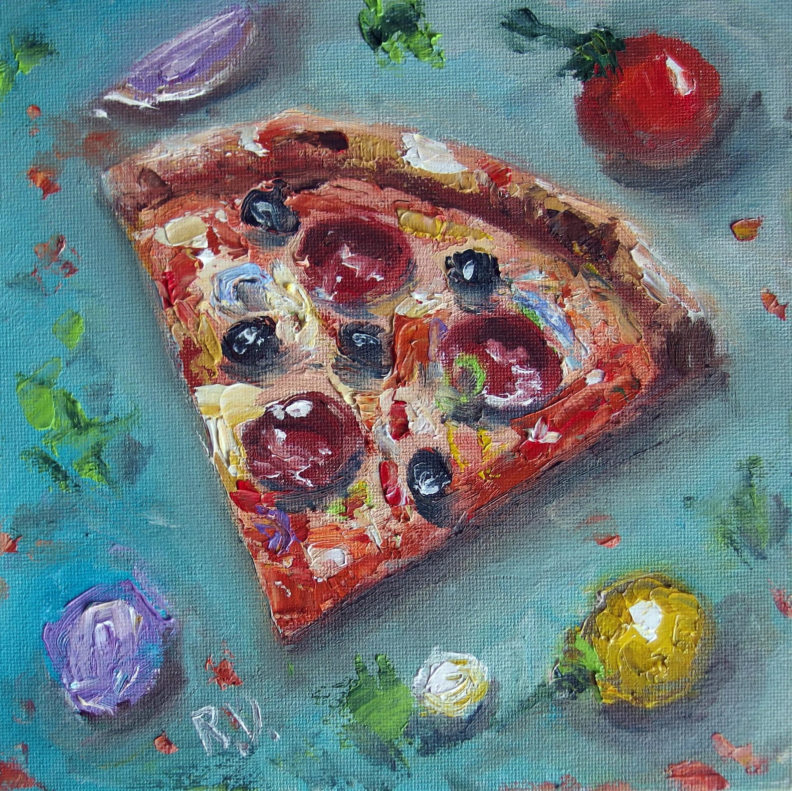Pizza Slice Oil Painting: Provence Kitchen Bar Art (20x20 Cm) - Etsy
