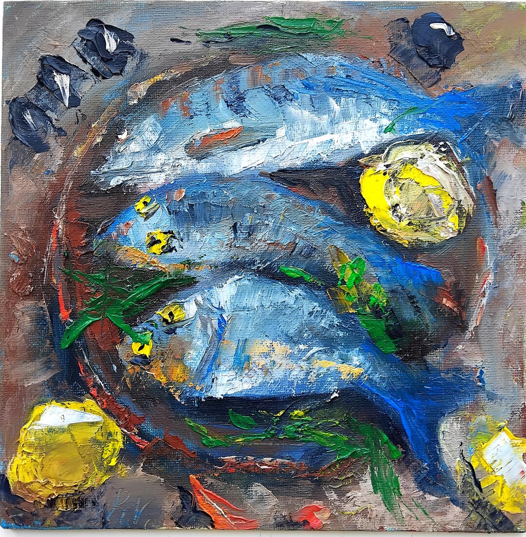 Fish Painting - Three Fishes on Plate With Olives, Lemon and Grass ...