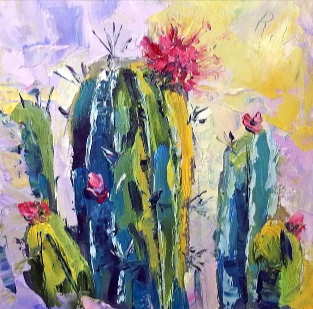 Vibrant Cactus Bloom Original Oil Painting – Textured Desert Art ...