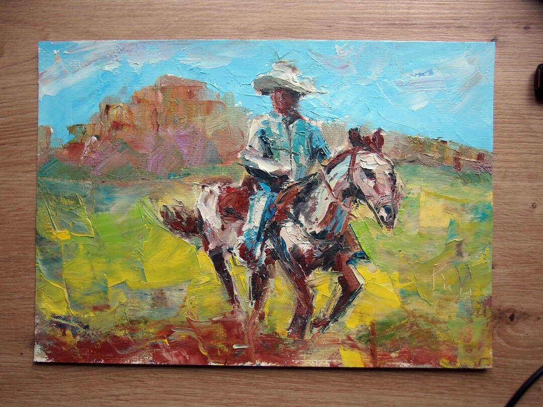 Western Spirit: Cowboy Oil Painting on Horse in Vibrant Handmade ...