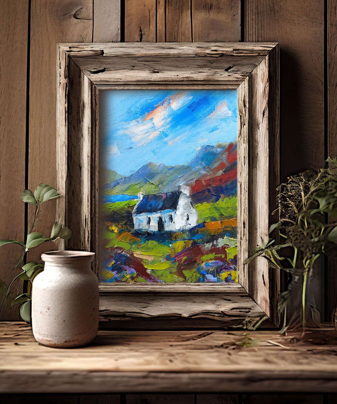 Rustic Irish Cottage Oil Painting 7x9.5" Surrounded by Rolling Hills ...
