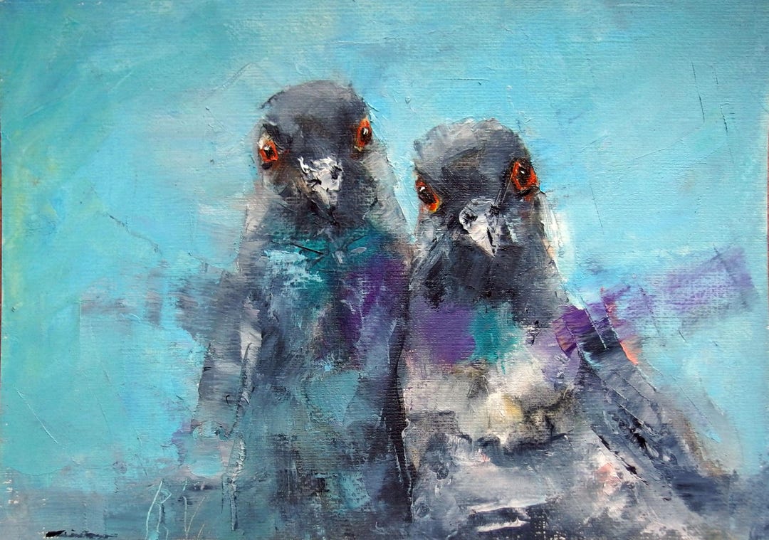 A Pair of Pigeons Oil Painting Handmade Original, Pigeon Gift, 8x12 ...
