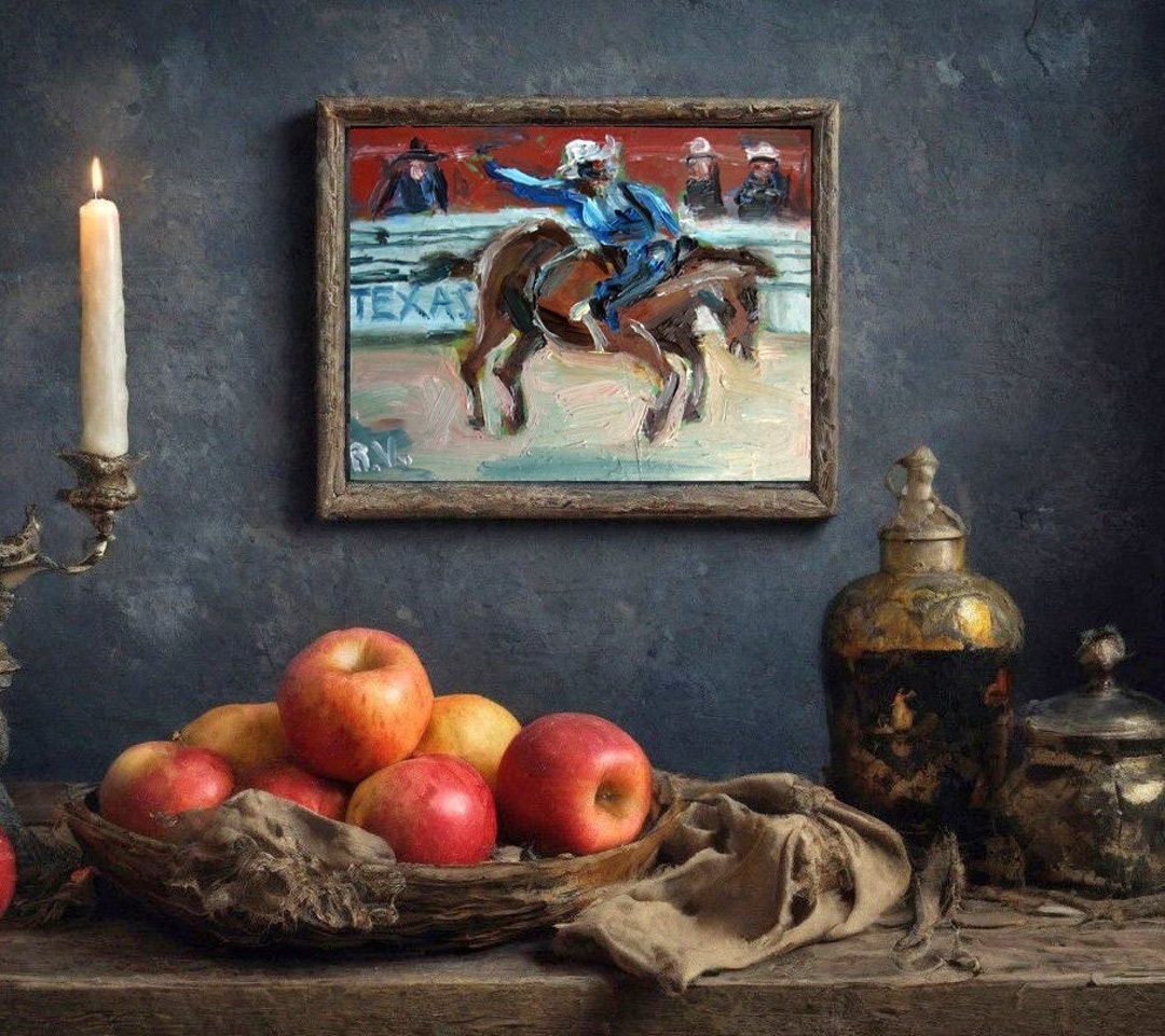 Texas Rodeo Action Oil Painting – Cowboy Riding Horse With Dynamic ...