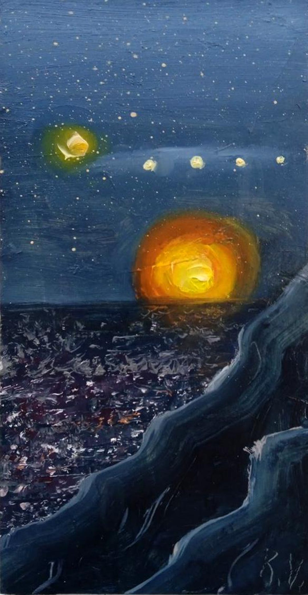 Albuquerque Night - Fantasy Oil Painting 5x10", Fantastic Sunset, Stars ...
