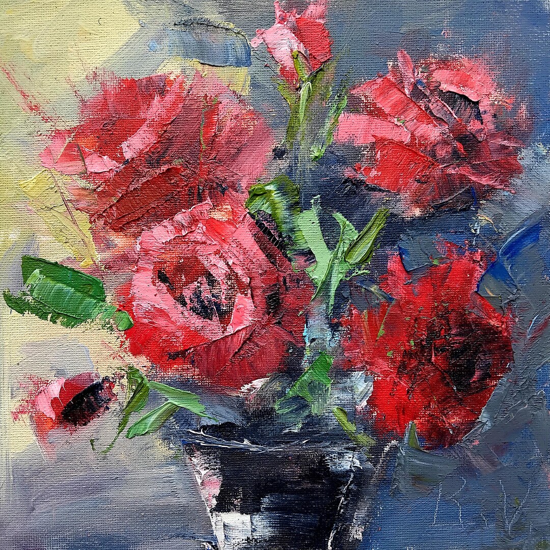 Red Roses Painting 8x8" - Impressionism Style Expressive Floral ...