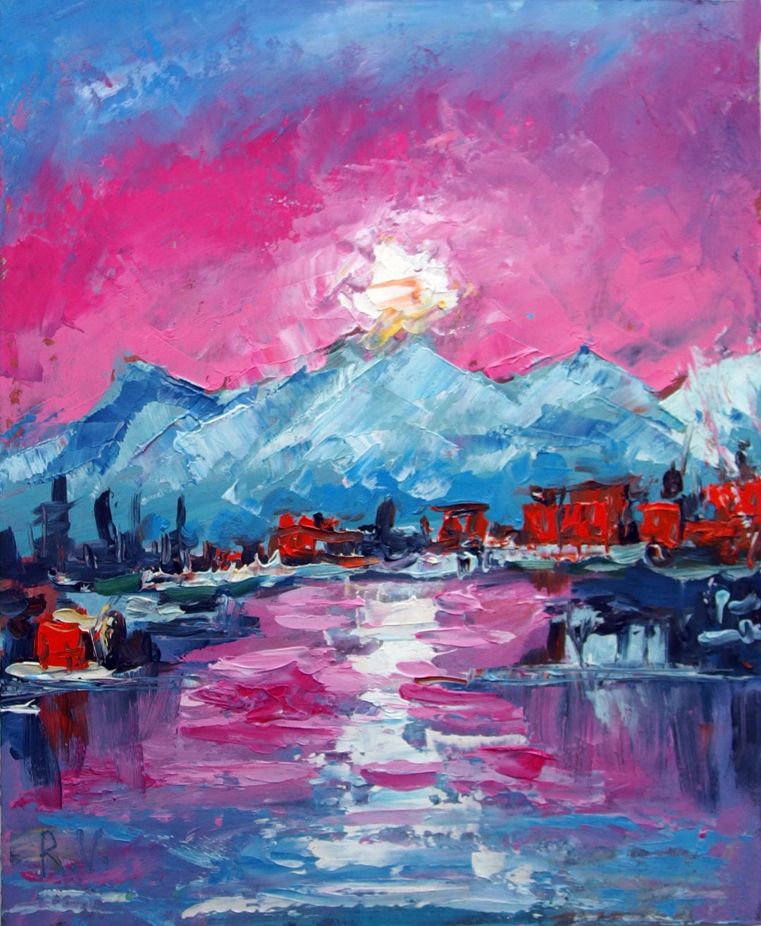 Anchorage Sunset: Bold Alaska Art Landscape With Blue Mountains and ...