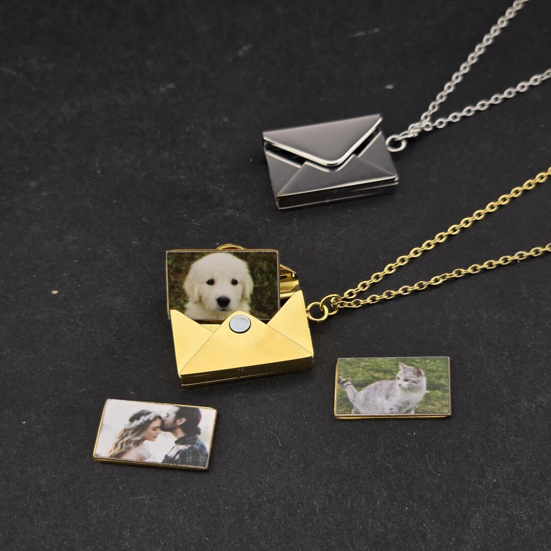 Custom Engraving Photo Locket • Gold Mail Envelope Couple Necklace ...