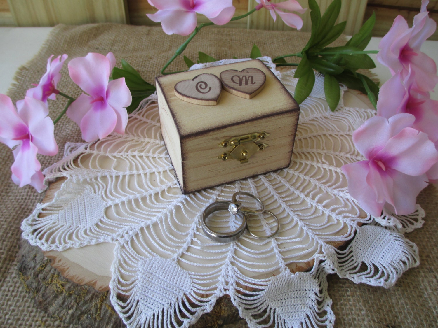 Rustic Personalized Wedding Ring Box With Hearts Unique | Etsy
