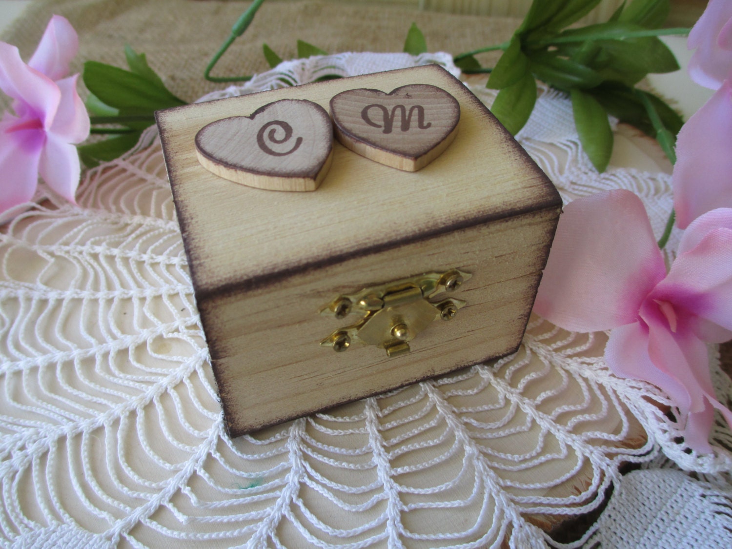 Rustic Personalized Wedding Ring Box With Hearts Unique | Etsy