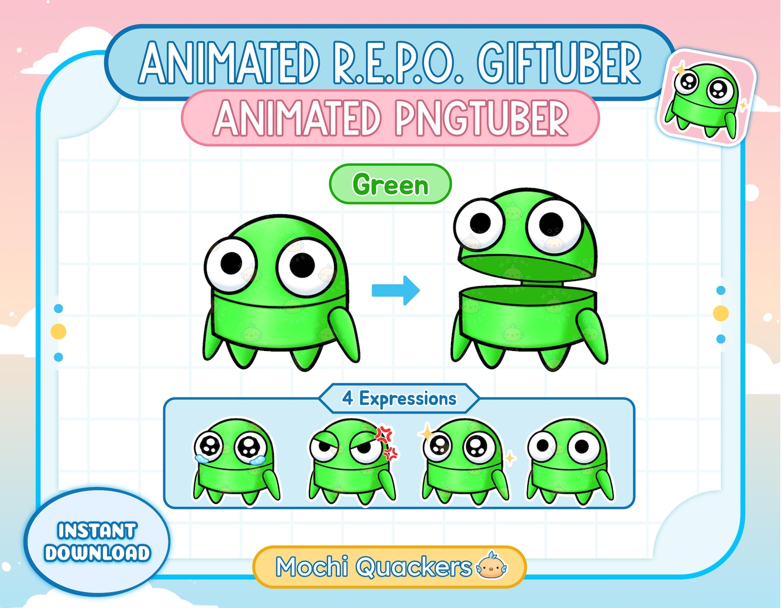 Animated Green REPO Pngtuber / Giftuber | 4 Expressions, Ready-to-use ...