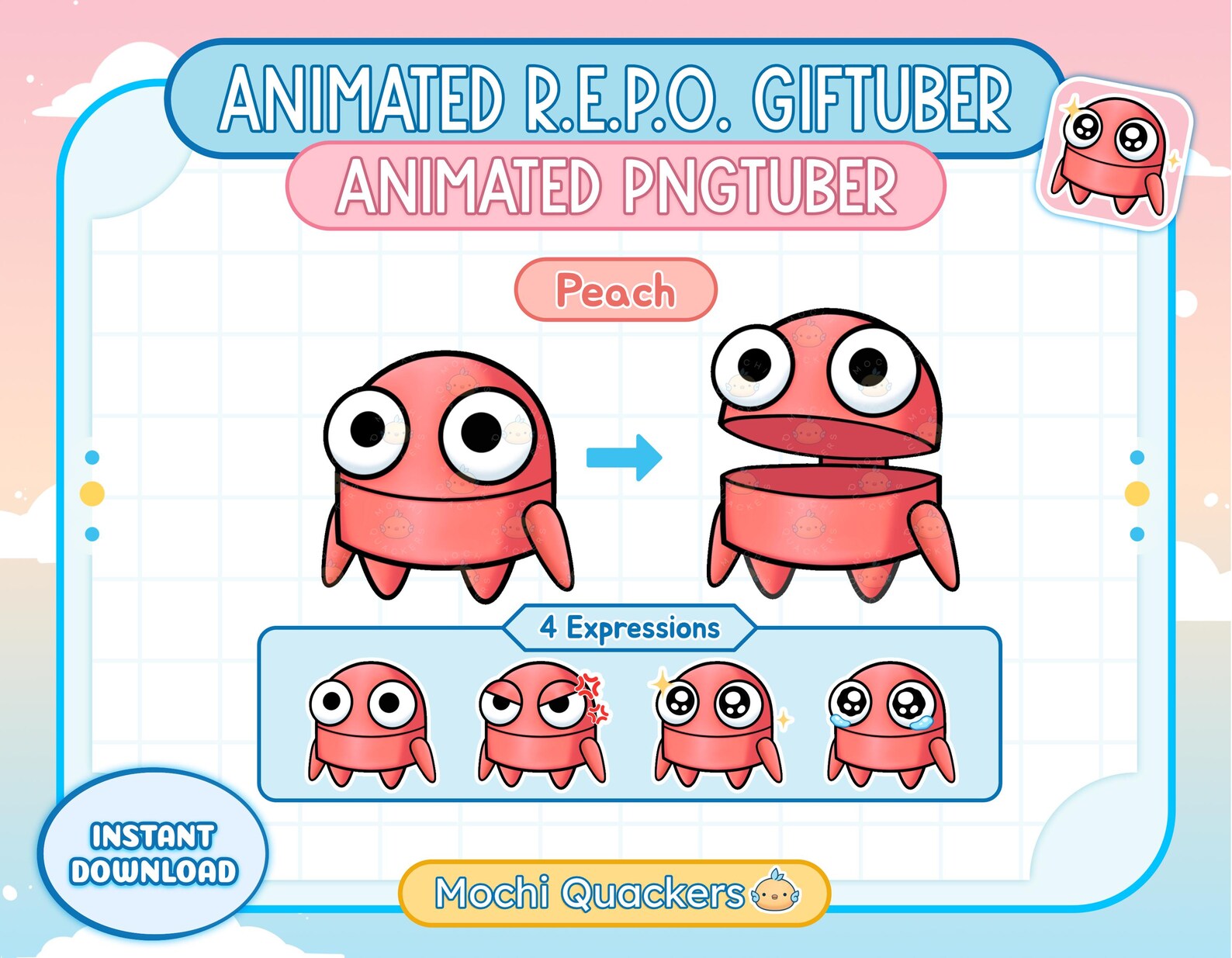 Animated Pngtuber | Peach R.E.P.O. Bot Avatar | 4 Expressions, Ready-to ...