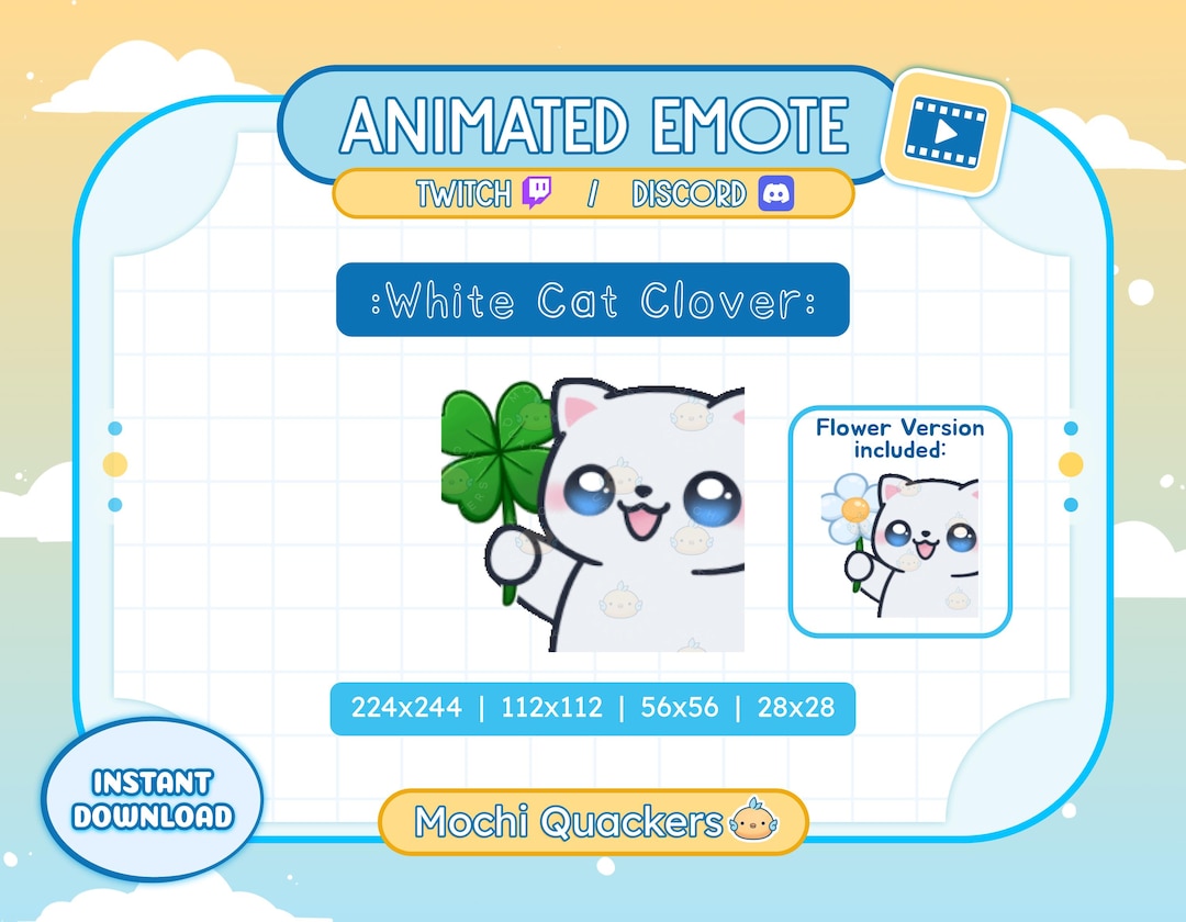 ANIMATED Emote | White Cat Clover Emote for Twitch Stream & Discord, 4 Gif Sizes, 2 Versions ...