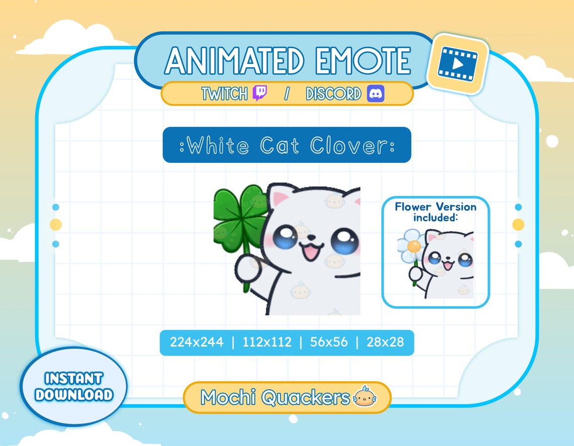 ANIMATED Emote | White Cat Clover Emote for Twitch Stream & Discord, 4 ...