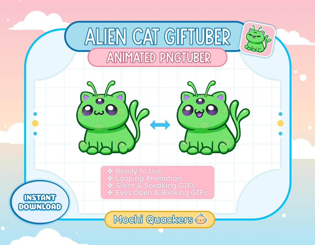 Animated Pngtuber | Green Alien Cat Pngtuber for Streaming, Ready to ...