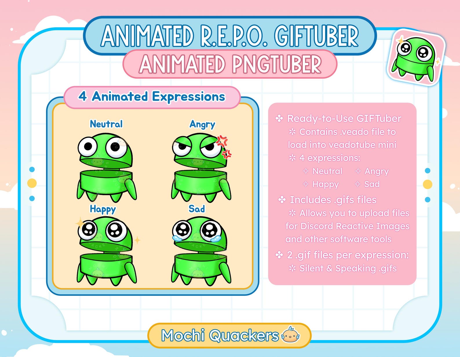 Animated Green REPO Pngtuber / Giftuber | 4 Expressions, Ready-to-use ...