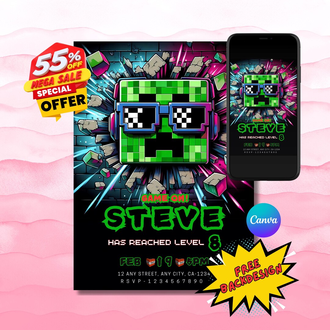 Minecrafter Creeper Birthday Invitation, Creeper Invitation, Minecrafter Creeper Gamer Birthday ...