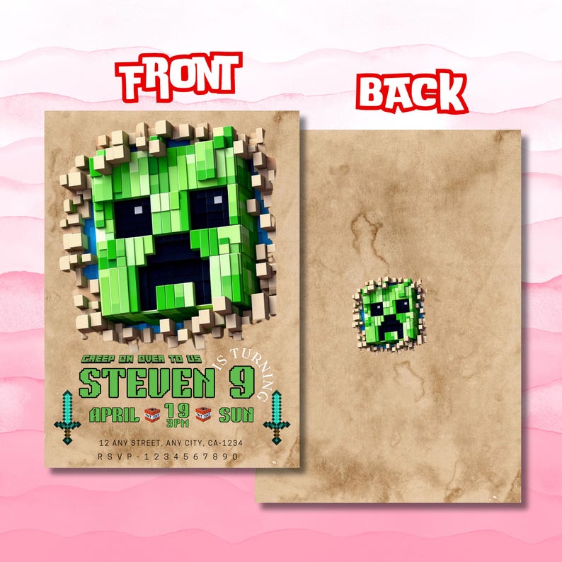 Minecrafter Birthday Invitation, Minecrafter Party, Creeper Invite ...