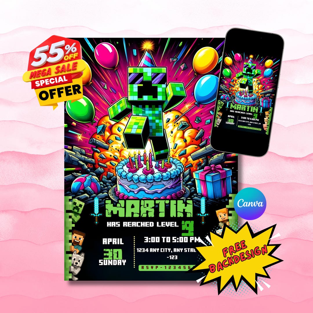 Unofficial Mine Crafter Creeps Inspired Birthday Invitation, Green ...