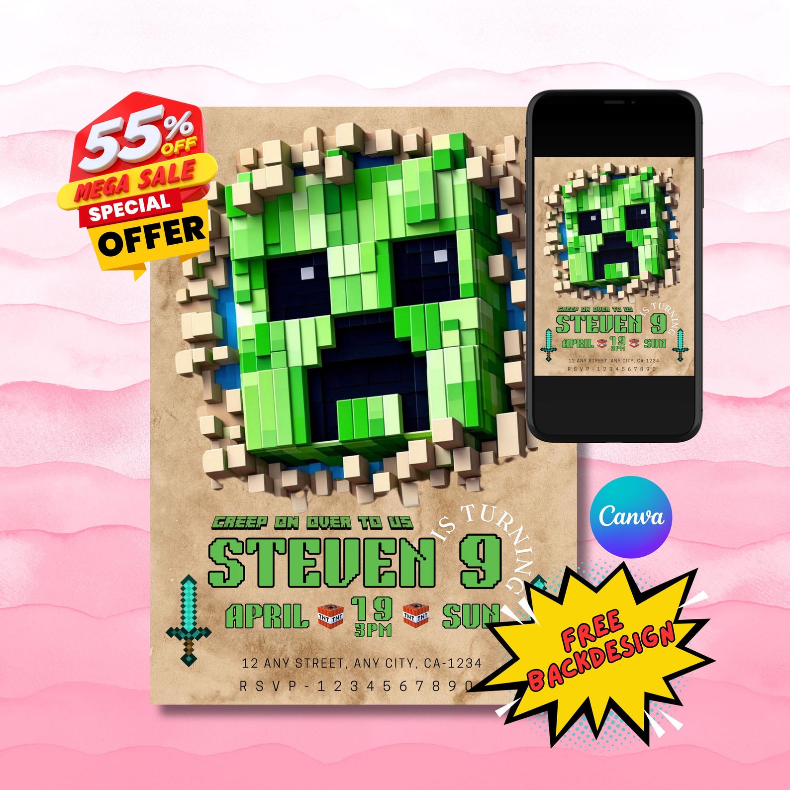 Minecrafter Birthday Invitation, Minecrafter Party, Creeper Invite ...