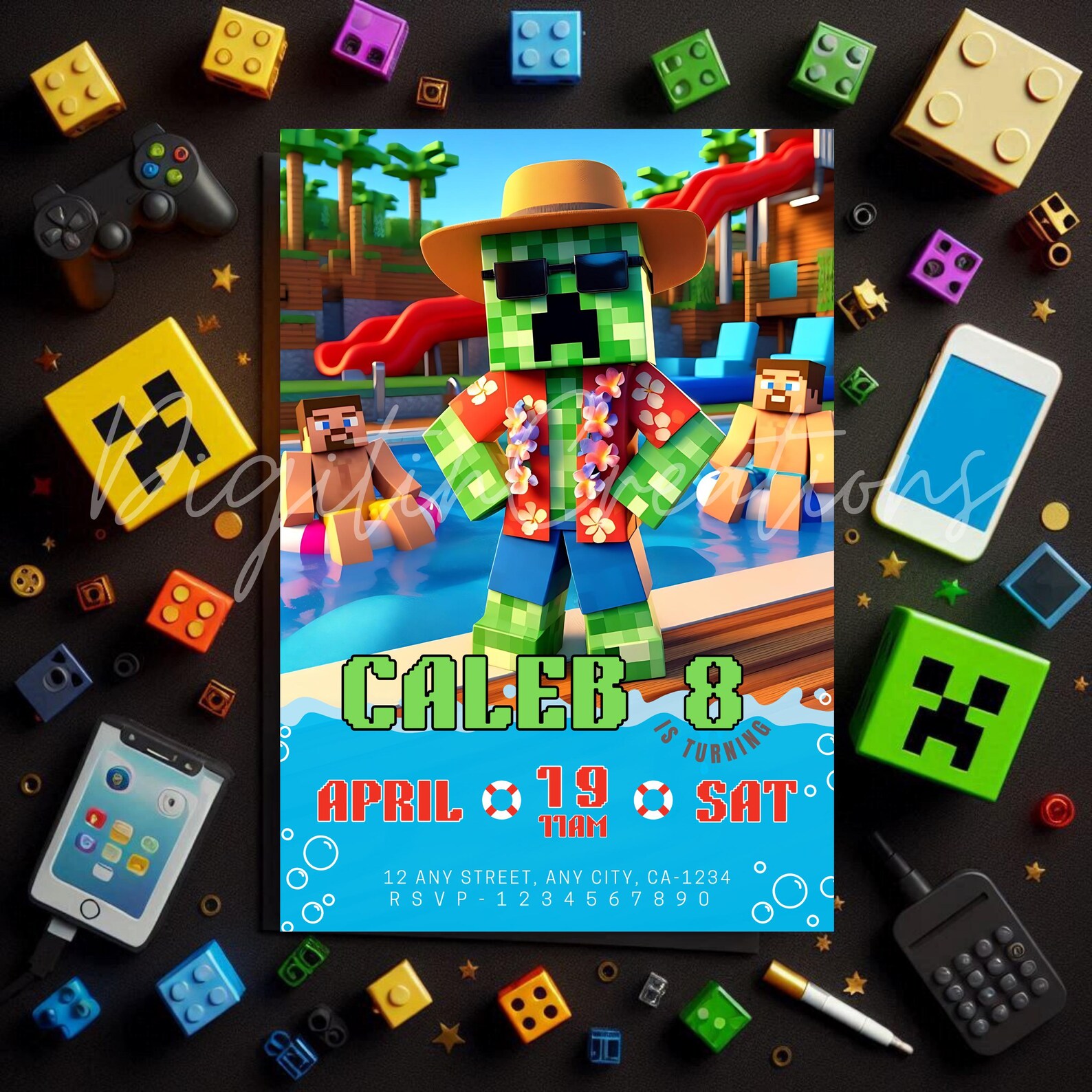 Minecrafter Creeper Pool Party Invitation, Creeper Pool Party Invite ...