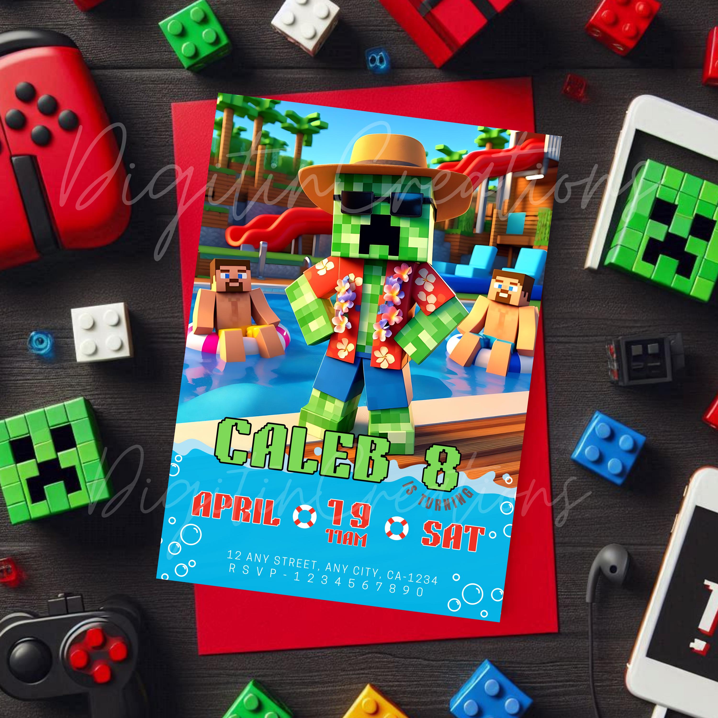 Minecrafter Creeper Pool Party Invitation, Creeper Pool Party Invite ...