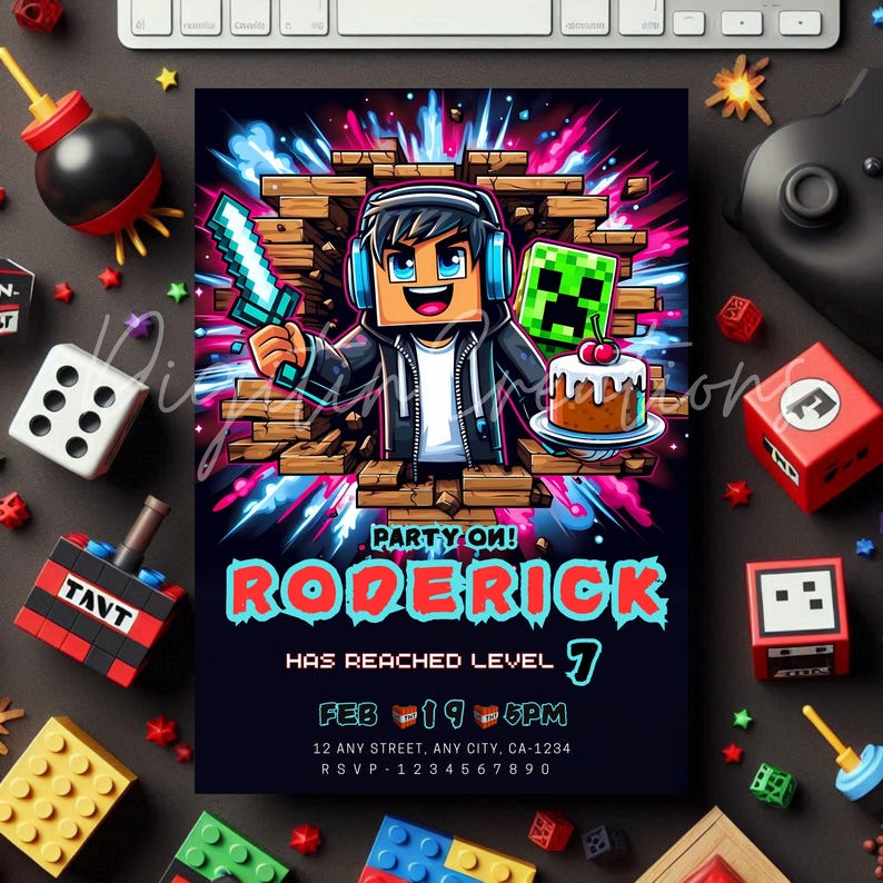 Editable Minecrafter Boy and Creeper Birthday Invitation, Minecrafter ...