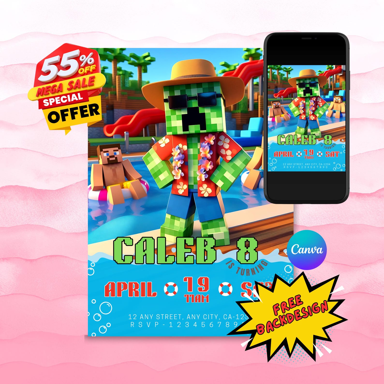 Minecrafter Creeper Pool Party Invitation, Creeper Pool Party Invite ...