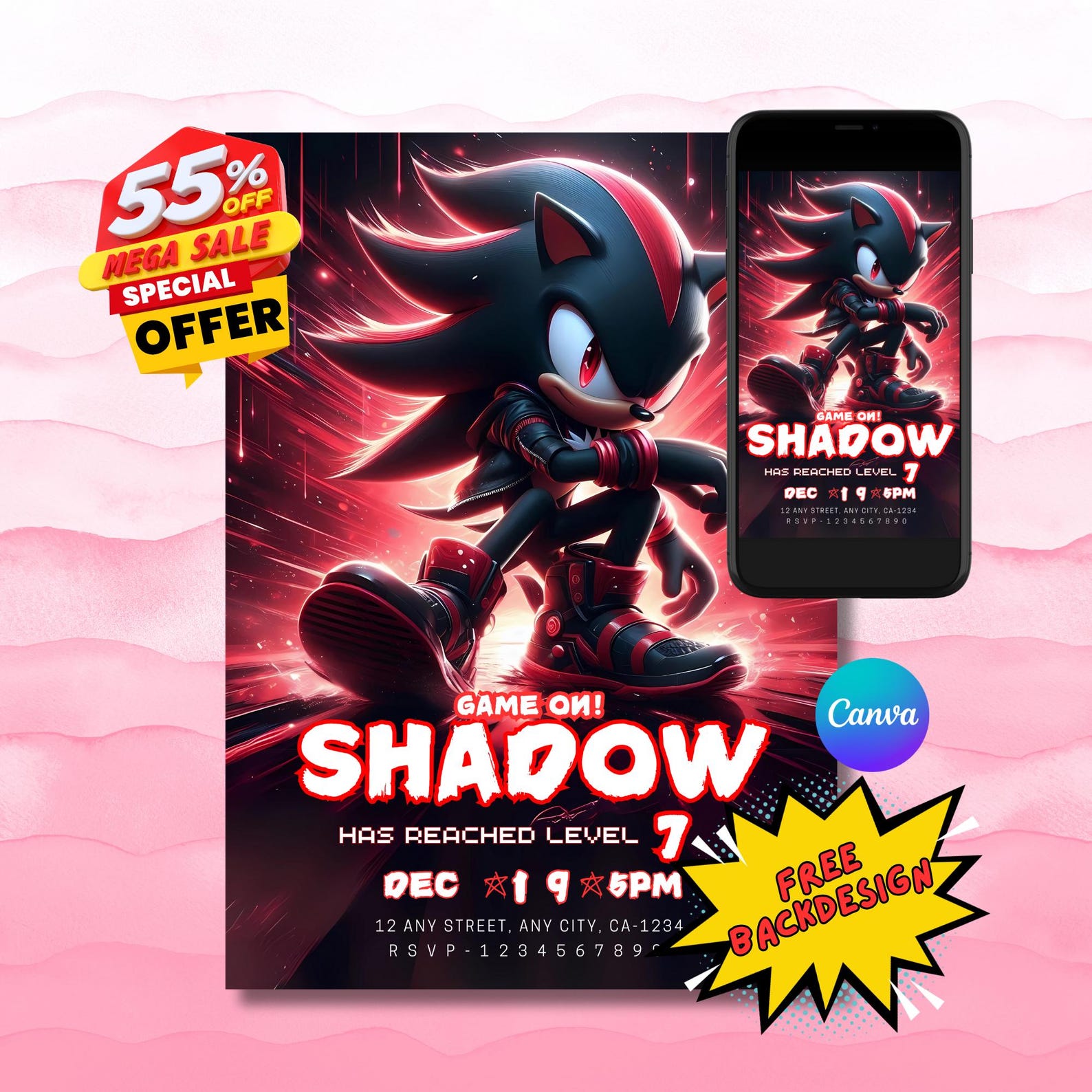 Editable Sonic Shadow Hedgehog Birthday Invitation, Shadow the Hedgehog ...