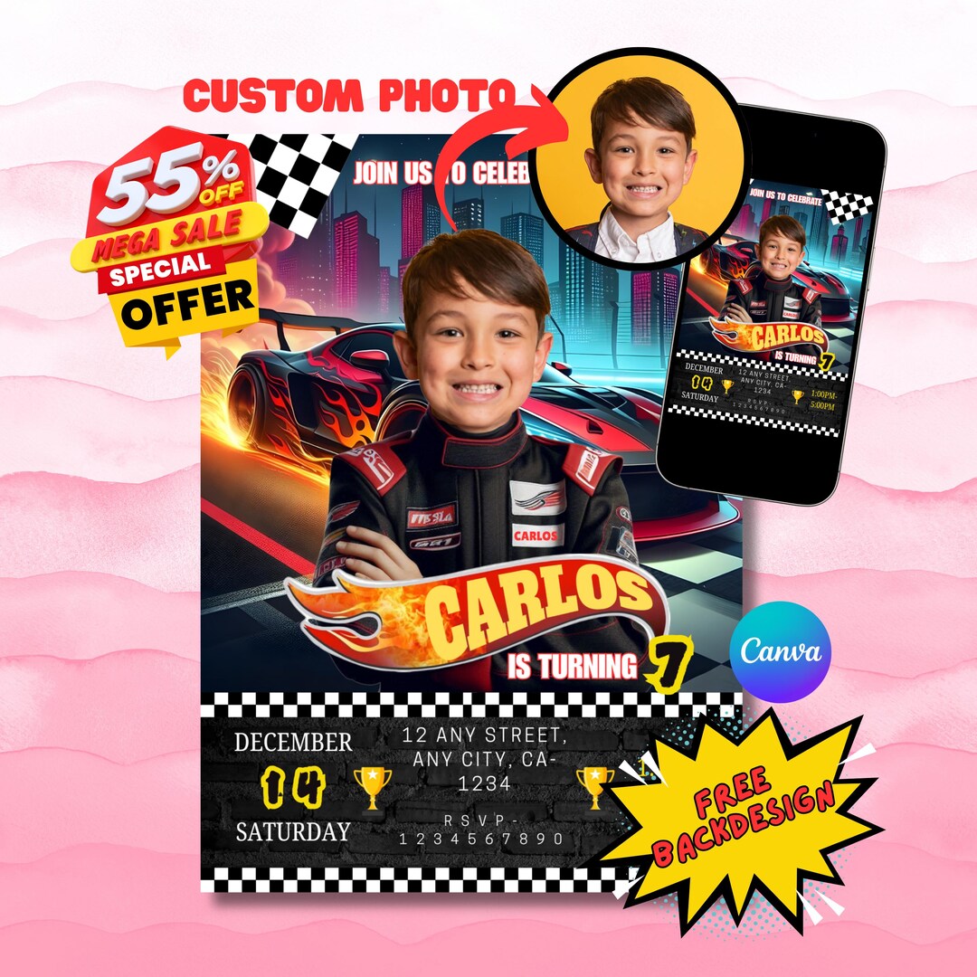 Personalized Hot Racing Red Car Birthday Invitation, Custom Photo, Red ...