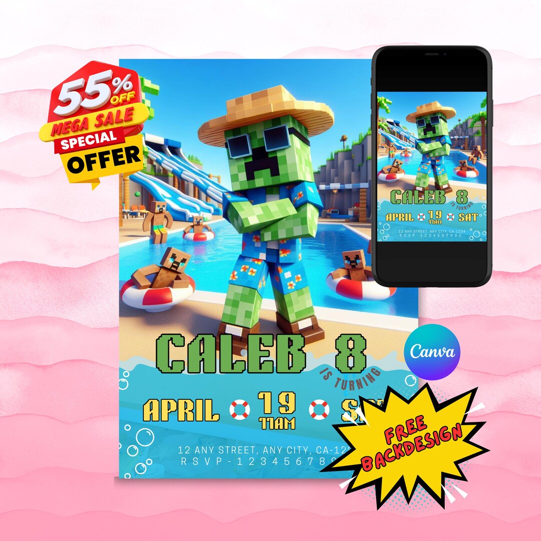 Minecrafter Creeper Pool Party Invitation, Creeper Pool Party Invite ...