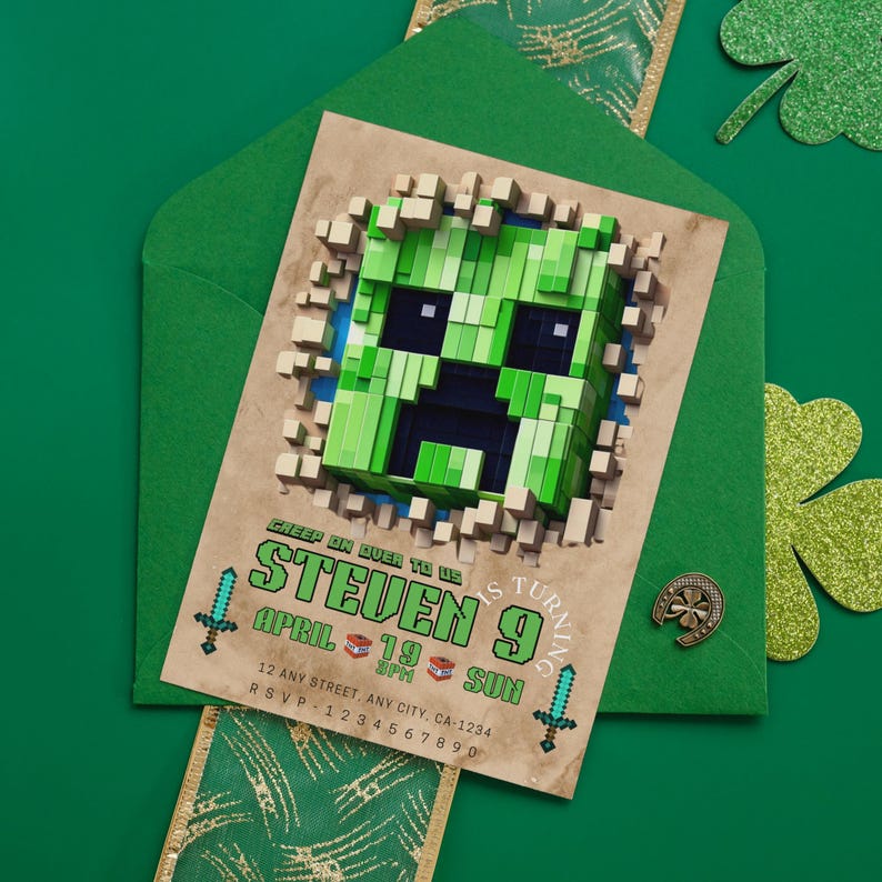Minecrafter Birthday Invitation, Minecrafter Party, Creeper Invite ...