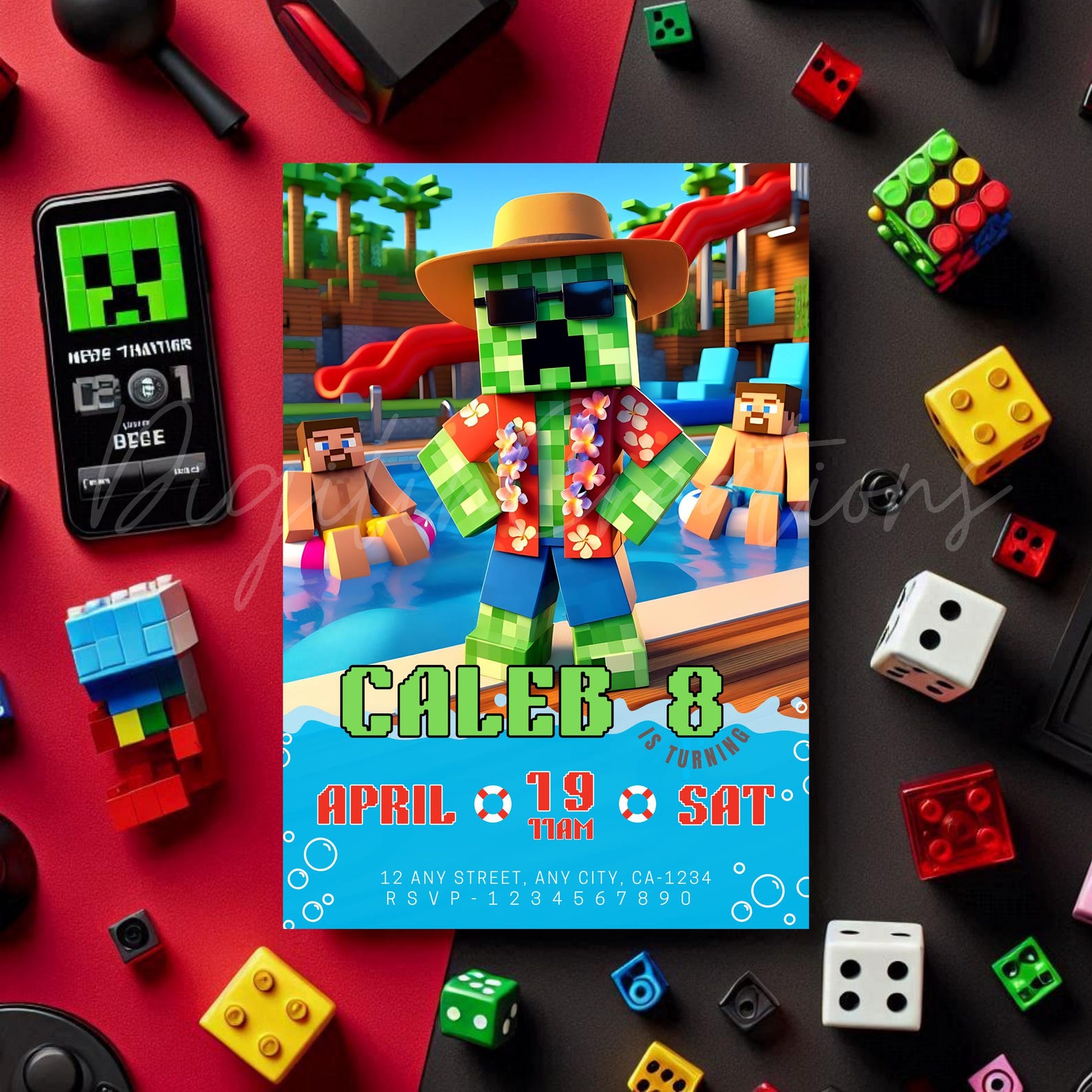Minecrafter Creeper Pool Party Invitation, Creeper Pool Party Invite ...