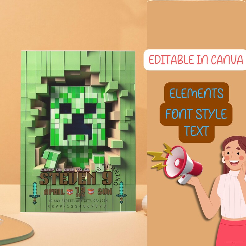 Minecrafter Birthday Invitation, Minecrafter Party, Creeper Invite ...
