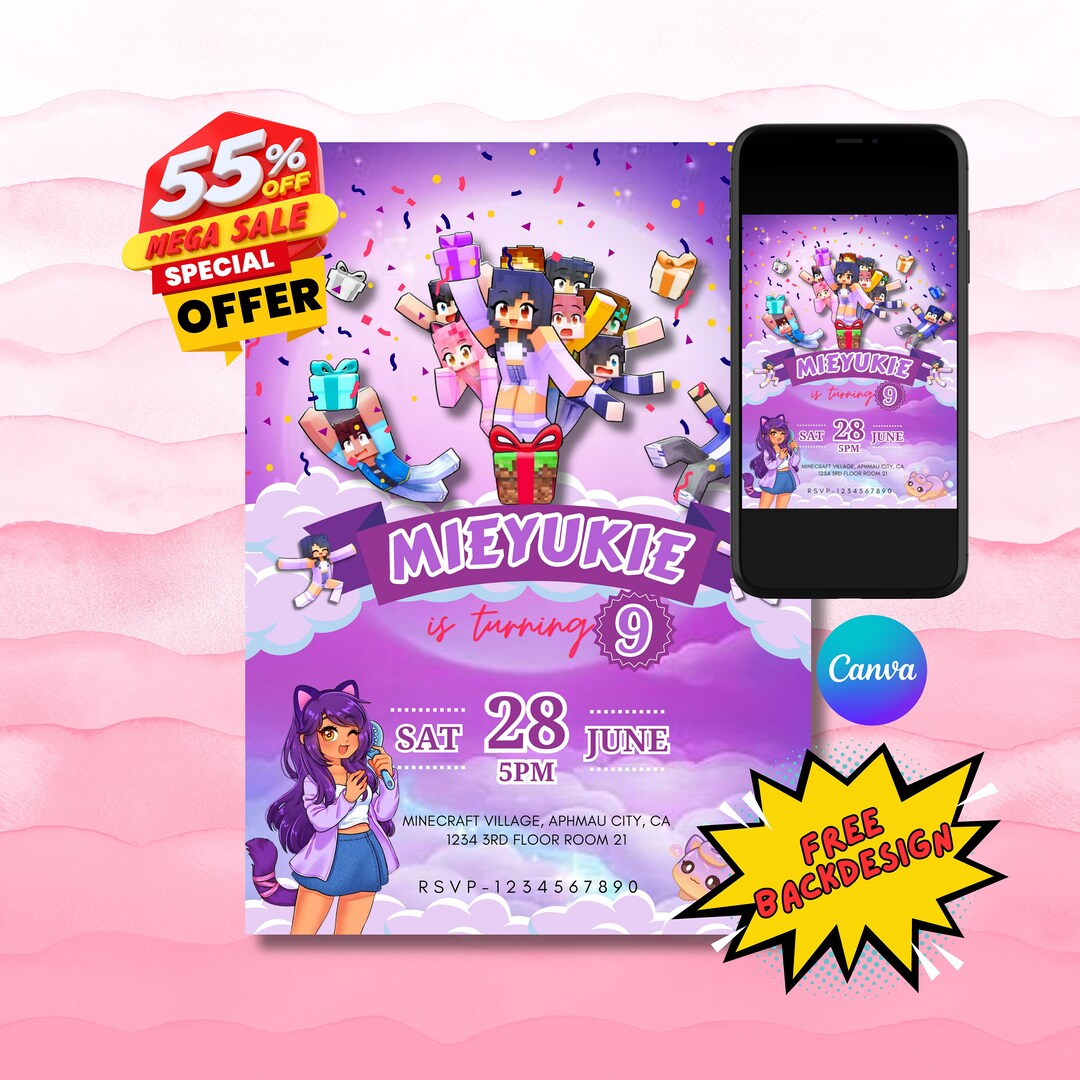 Customizable Aphmau Birthday Invitation: Minecrafter Party (digital ...