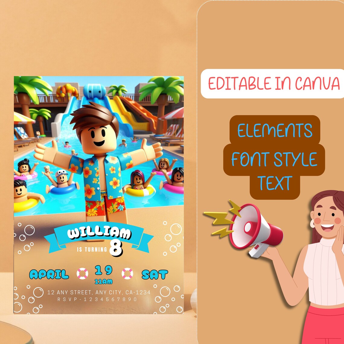 Hawaiian Roblox Pool Party Invite: Editable Birthday Template (digital ...
