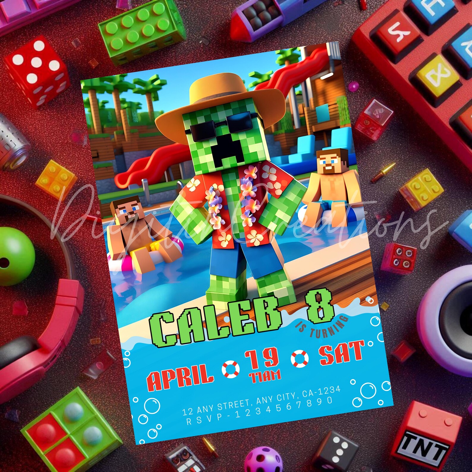 Minecrafter Creeper Pool Party Invitation, Creeper Pool Party Invite ...