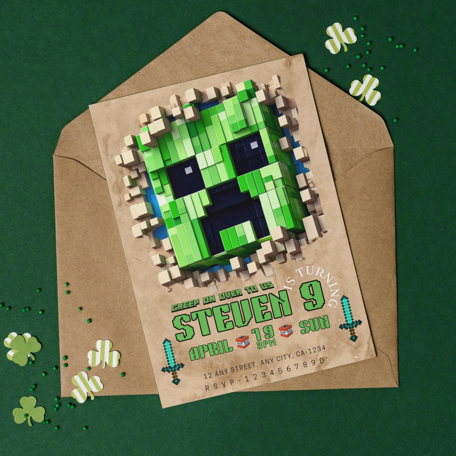 Minecrafter Birthday Invitation, Minecrafter Party, Creeper Invite ...