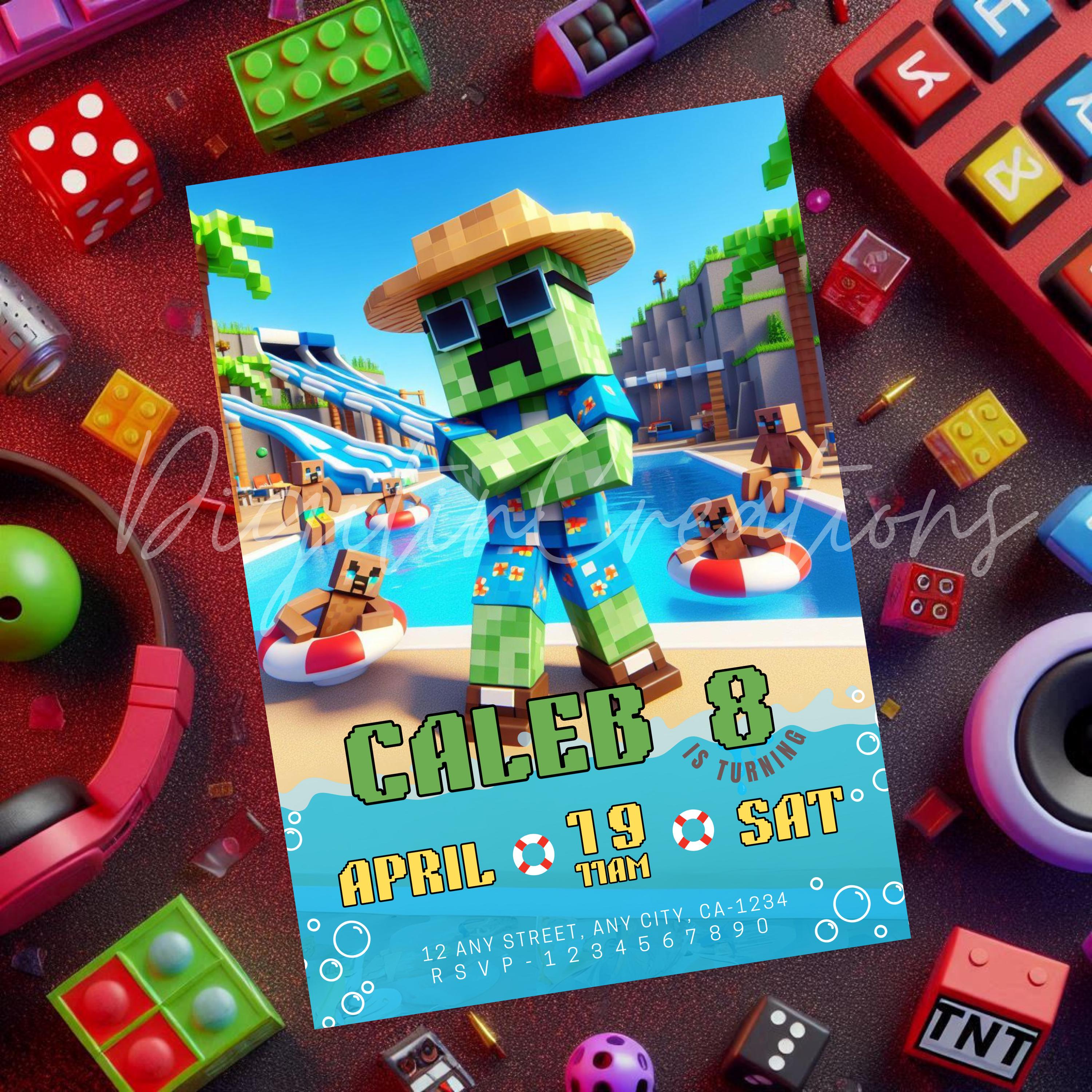 Minecrafter Creeper Pool Party Invitation, Creeper Pool Party Invite ...