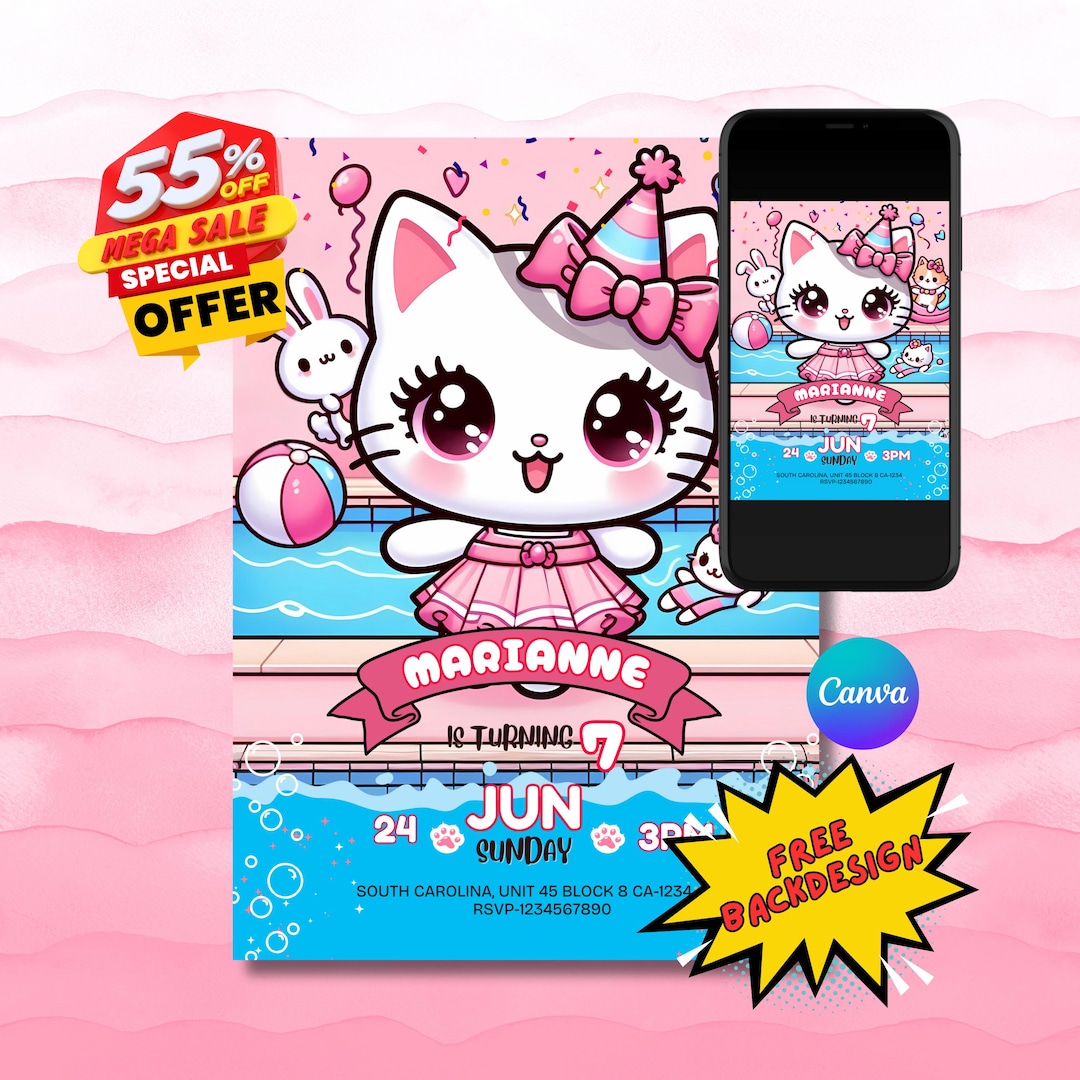 Kitty Pool Party Invitation, Kawaii Kitty Pool Party Invite, Kitty Pool ...