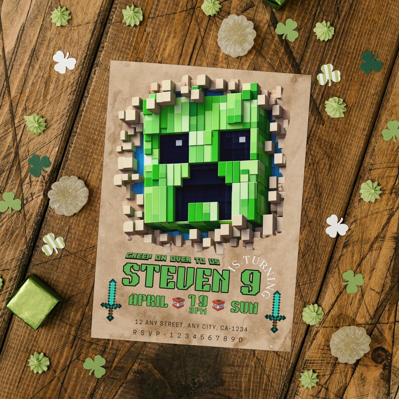 Minecrafter Birthday Invitation, Minecrafter Party, Creeper Invite ...