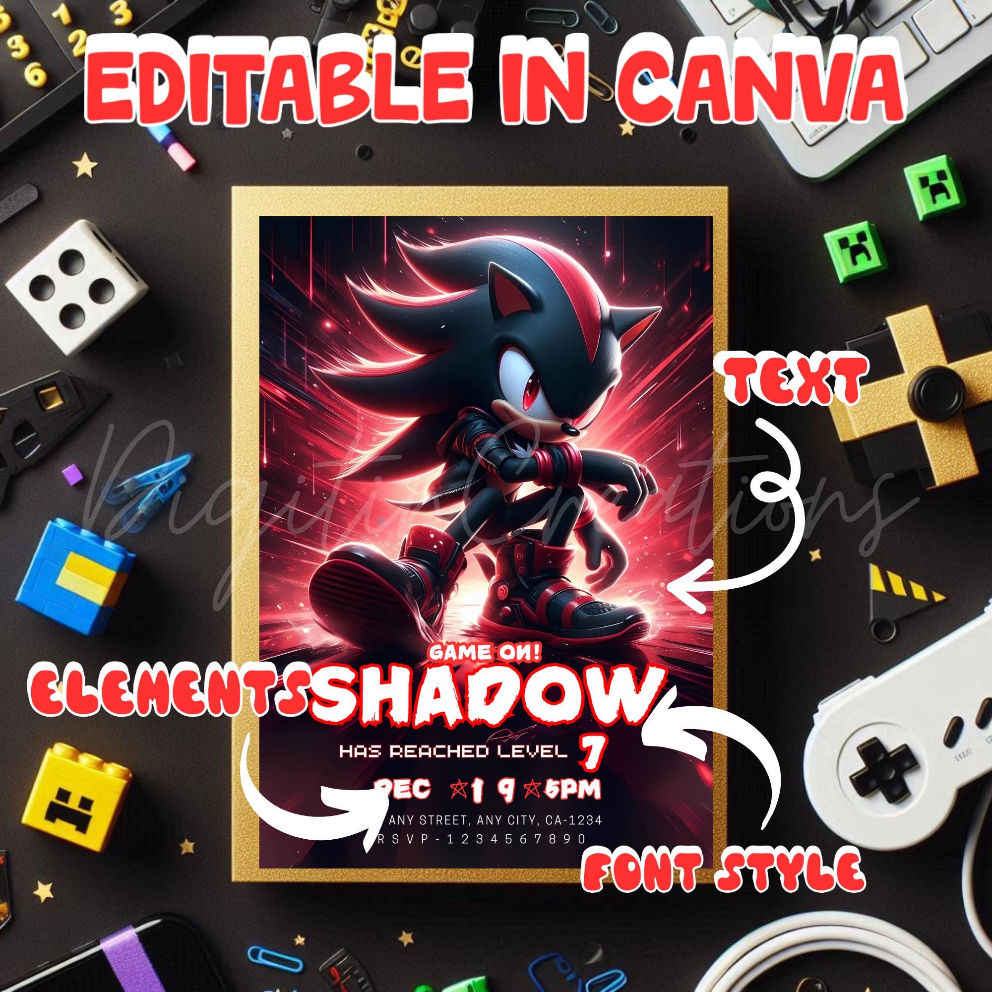 Sonic Shadow Hedgehog Birthday Invitation, Shadow the Hedgehog Birthday ...