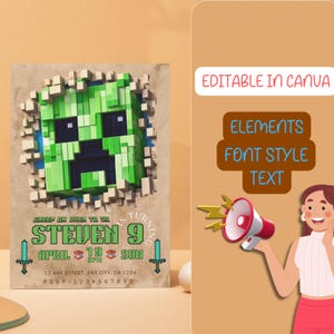 Minecrafter Birthday Invitation, Minecrafter Party, Creeper Invite ...