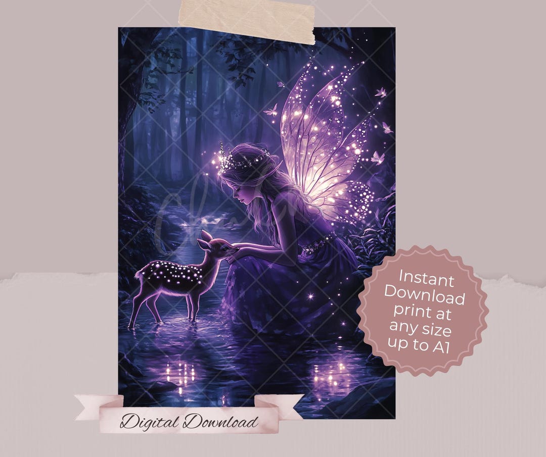 Purple Fairy and Fawn Glowing in a Dark Forest, an Ethereal Whimsical ...