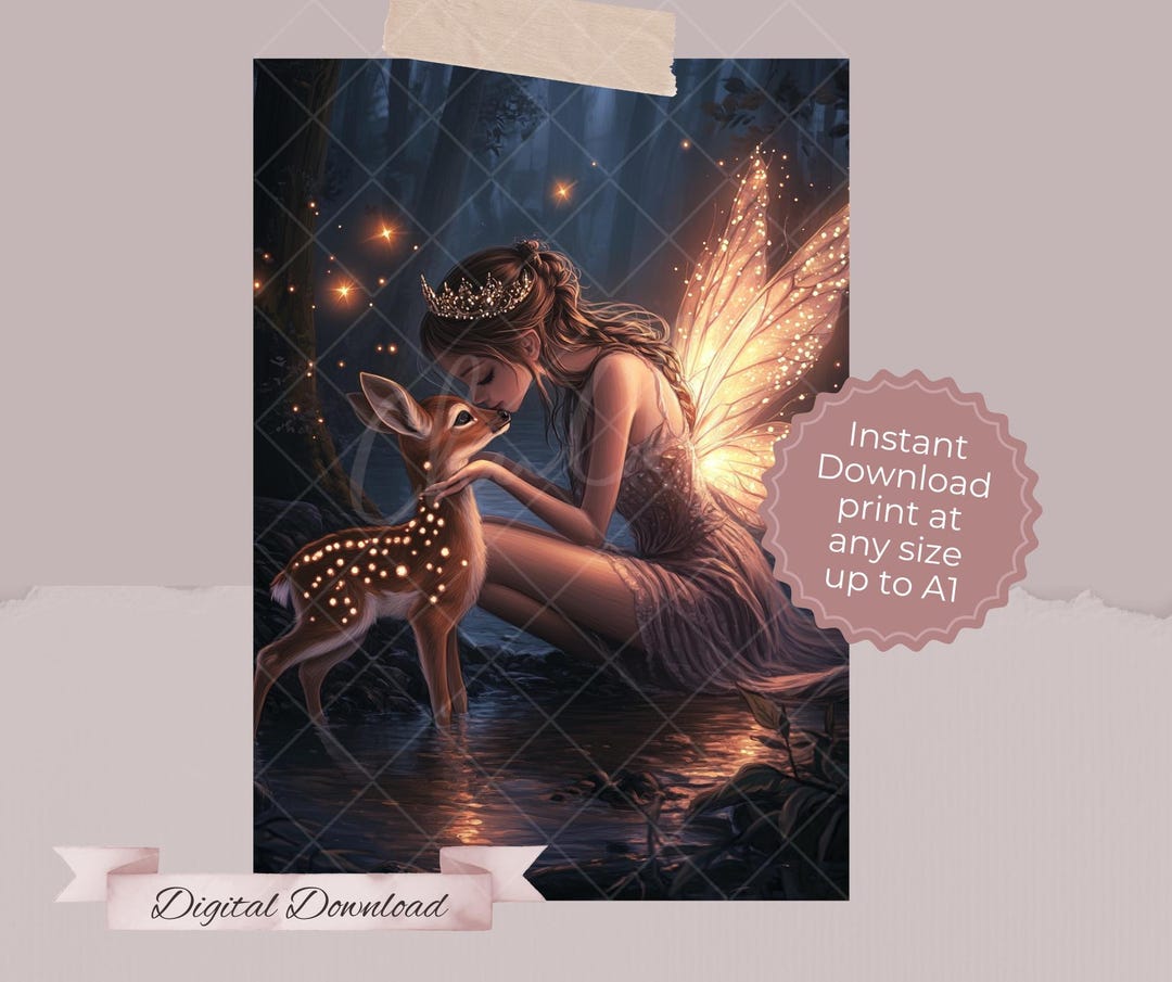 Fairy and Fawn Glowing in a Dark Forest, an Ethereal, Whimsical & Warm ...