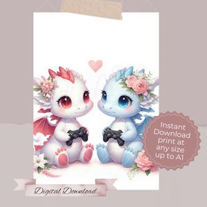 Cute Baby Dragon Gamer Twins #1 Print, Watercolour Digital Art of Two ...