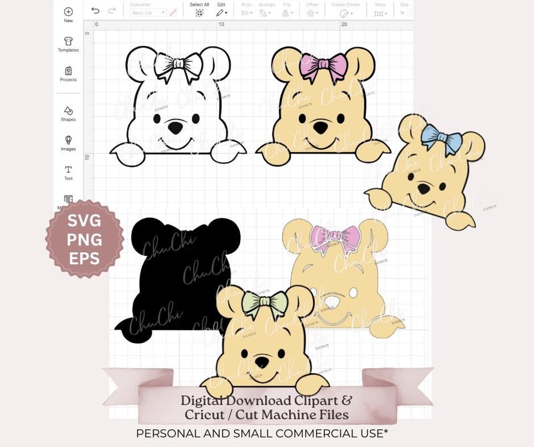 Peeking Baby Pooh Bear With Bow Layered SVG, EPS & PNG Clipart, Cute ...
