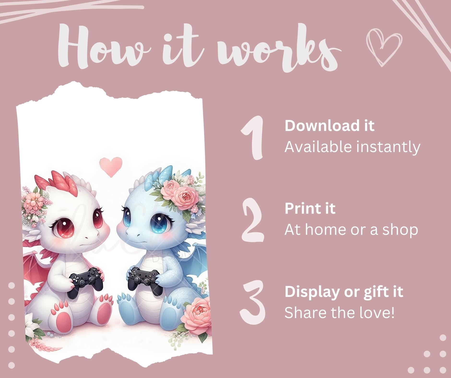Cute Baby Dragon Gamer Twins #1 Print, Watercolour Digital Art of Two ...