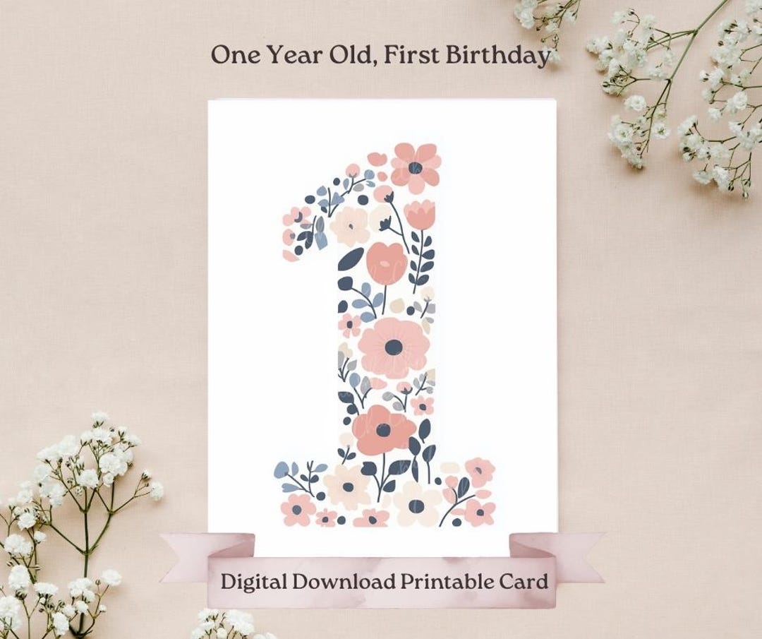 Card Printable Floral First Birthday Card, Pastel Pink & Green (DIY ...