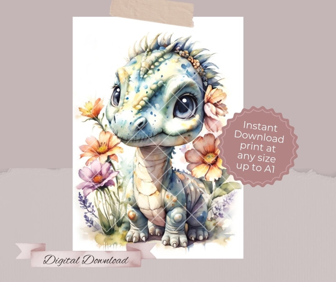 Green Baby Dinosaur #1 Animal Print, Watercolour Digital Art of an ...